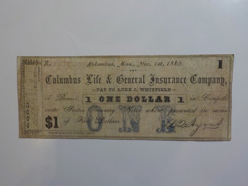 Civil War Confederate 1862 1 Dollar Bill Columbus Life & General ...