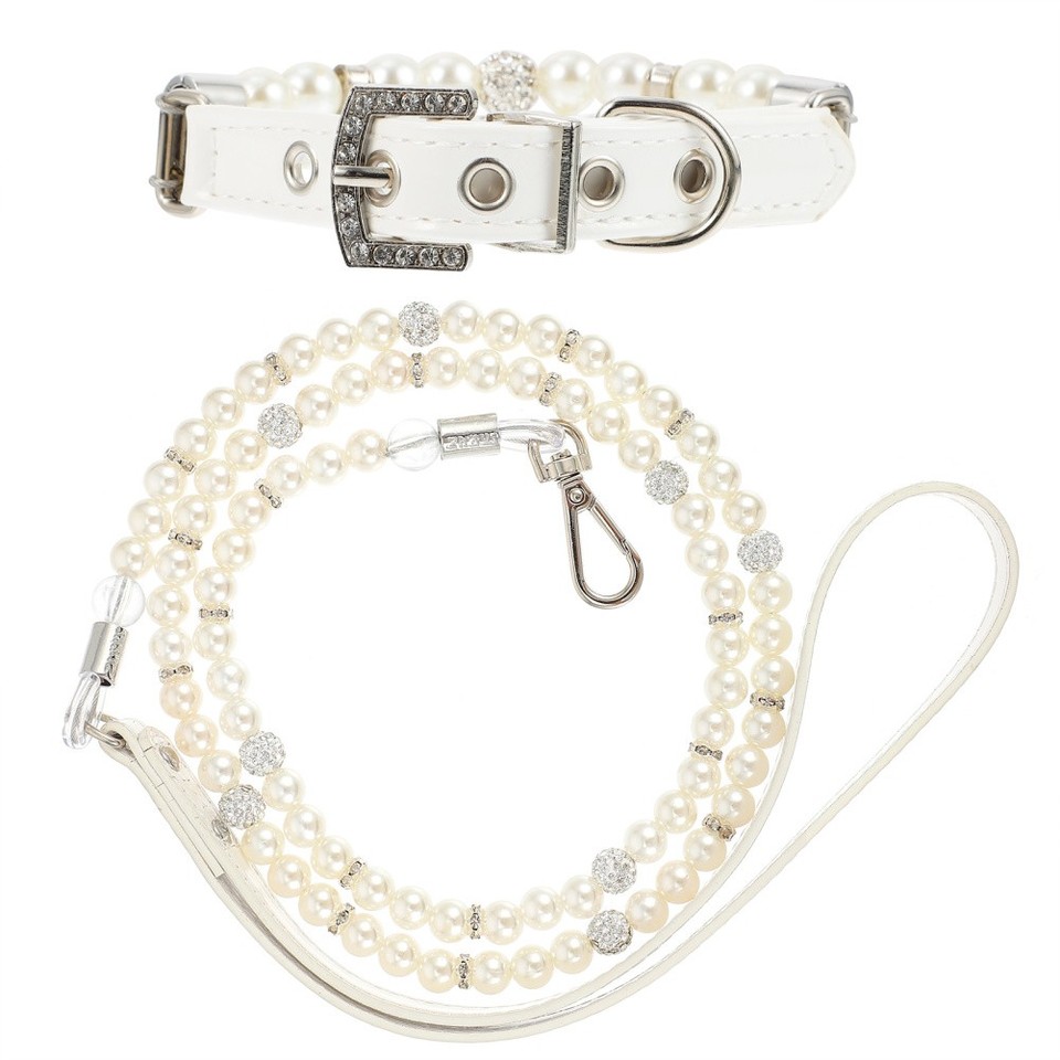 White Pearl Decorated Adjustable Dog Collar and Leash for Outdoor Use ...