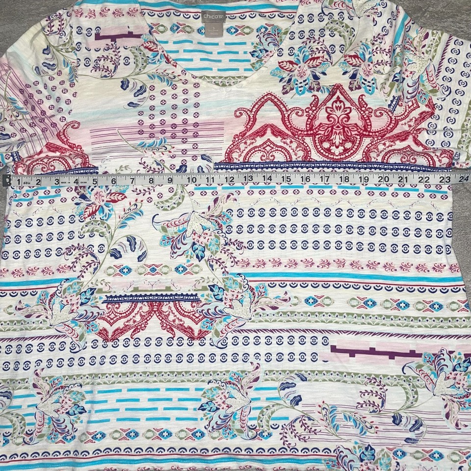 Chico's Sz 3 Scoop V-Neck 3/4 Sleeve Colorful Paisely Office Church ...
