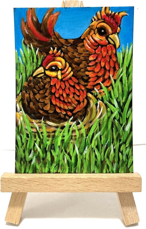 Fancy Chickens Original Acrylic ACEO Painting Birds Rooster Folk Art ...