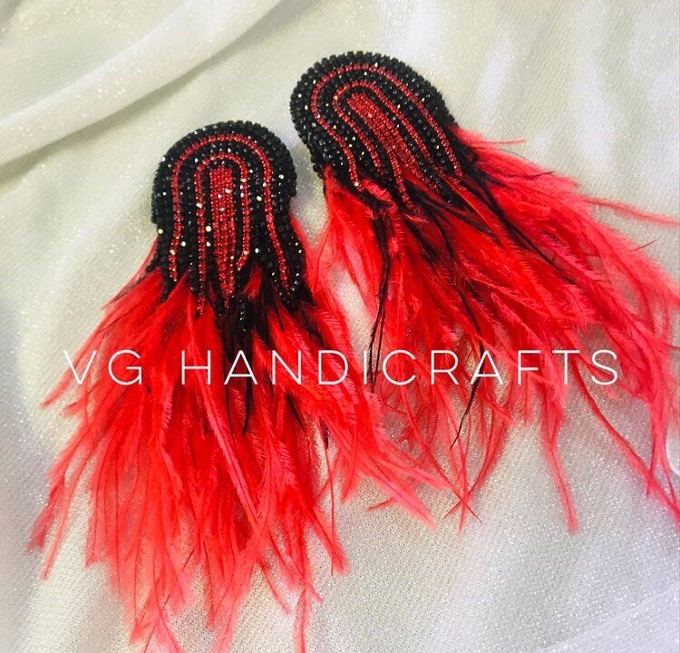 Red Black Feather Earrings, Rhinestone Exclusive Long Feather Earrings ...