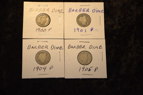 Silver Barber Dimes 4 coin set of P mint marks 1900, 1901, 1904, & 1905 ...
