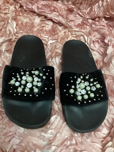 Ladies Bebe Pearl & Rhinestone Sandal Slide “Fenix” Black Size 9 | eBay