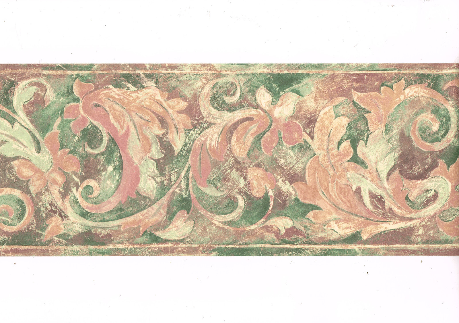 Brushstroke Acanthus Leaf Floral Scroll Green Peach Plum Wallpaper ...