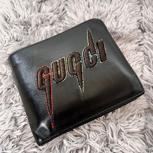 GUCCI Rare Blade Embroidery Fold Wallet Black Logo Embroidery | eBay
