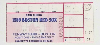 1989 Boston Red Sox Fenway Park Rain Check Ticket Stub #62 | eBay