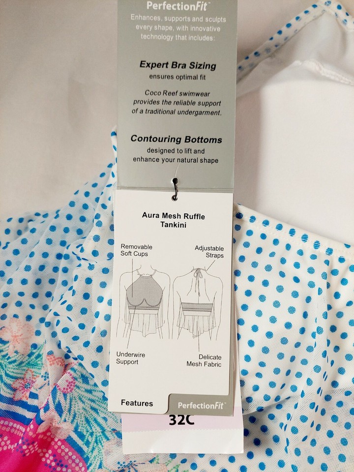 Coco Reef Swim Tankini Top White Multicolor Aura Mesh Ruffle Polka Dots ...