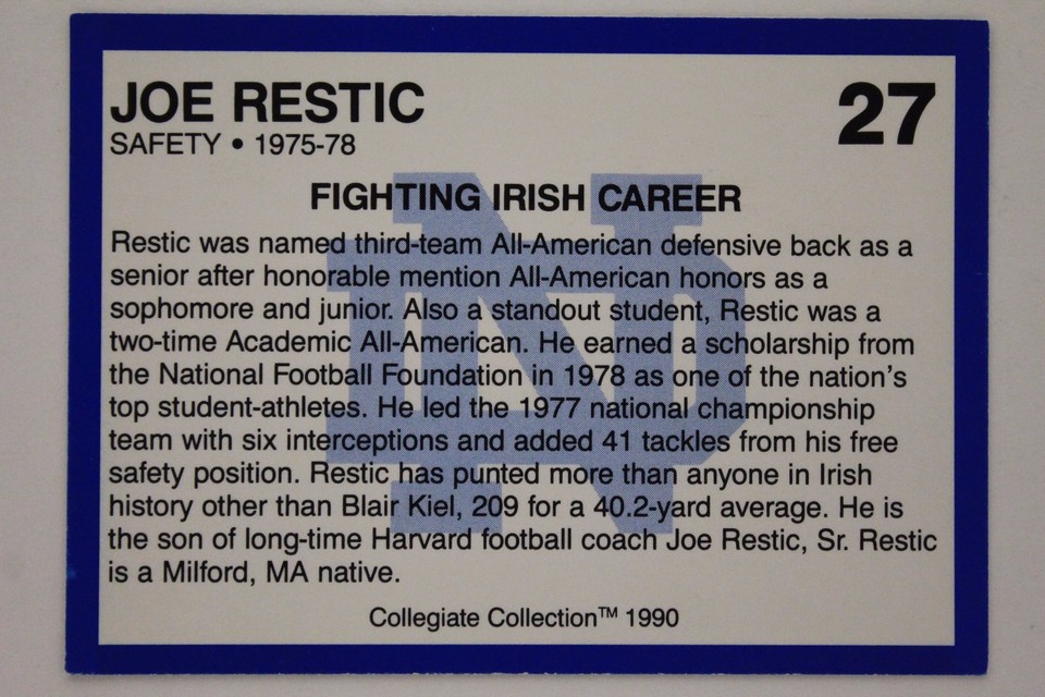 JOE RESTIC 1975-78 Notre Dame Punter Autographed Signed Football Card ...