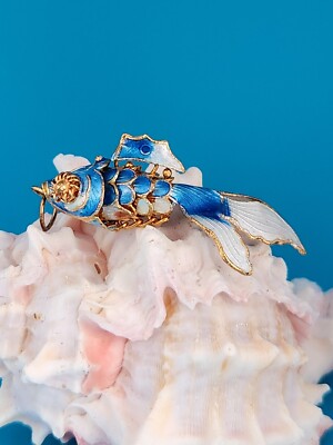Vintage Jointed Moveable Enamel Blue Fish Pendant Gold Tone Long Tail ...