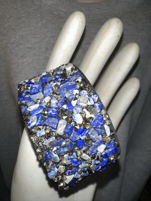 J CREW Sapphire Blue Crackle Rock Stone Wide Button Strap Bracelet NWOT ...