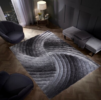 3D SWIRL Shaggy Rug SHIMMER SPARKLE Carved HEAVYWEIGHT Thick Pile GREY ...