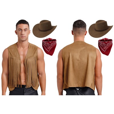 Men's Cowboy Waistcoat with Hat Bandana Set Adult Western Fancy Dress ...