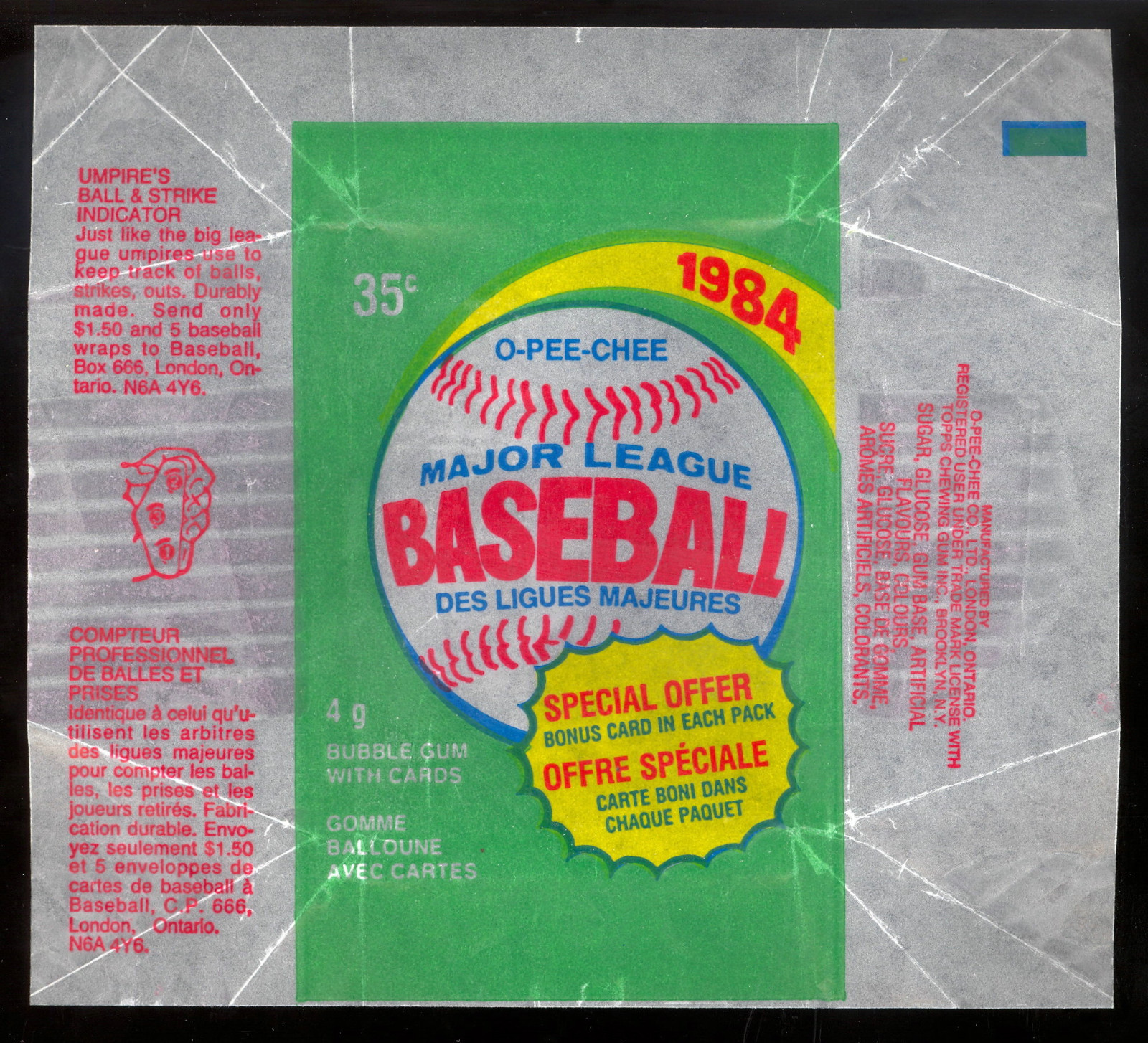 1984 TOPPS OPC O PEE CHEE BASEBALL WAX PACK WRAPPER EX-NM UMPIRES ...