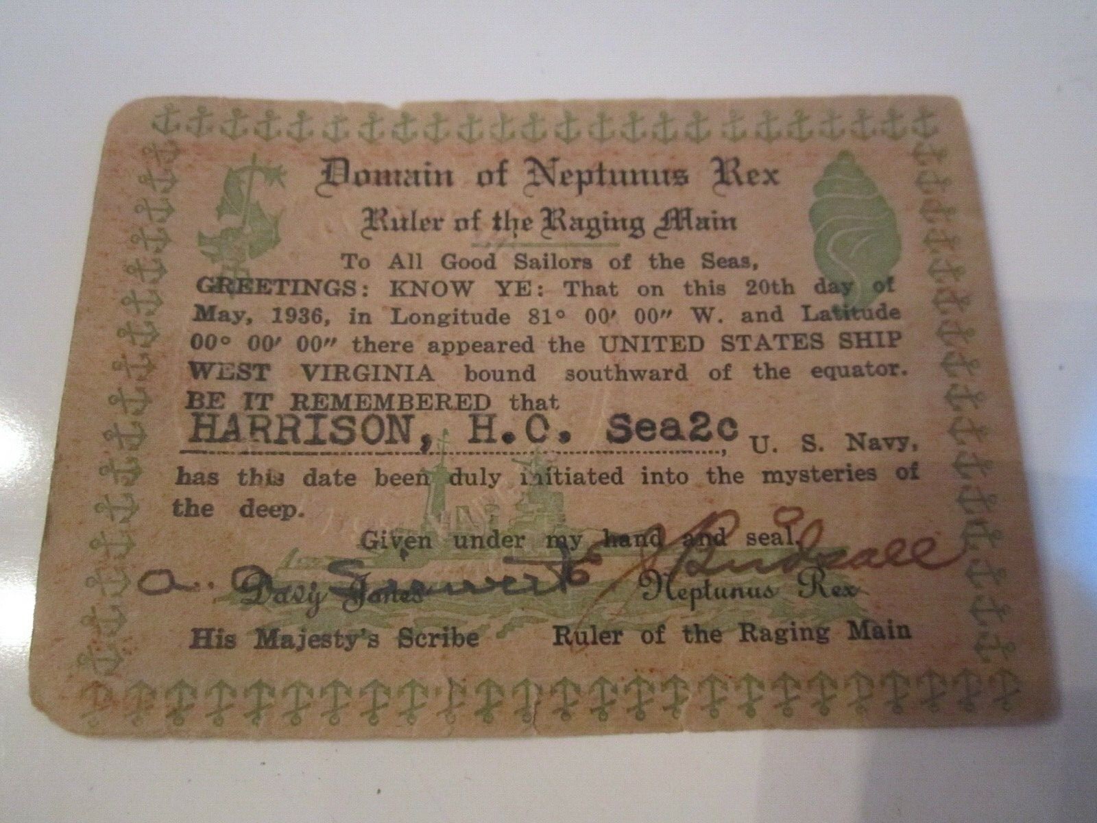 1936 DOMAIN OF NEPTUNUS REX RULER OF THE RAGING MAIN I.D. CARD - BN-5 ...