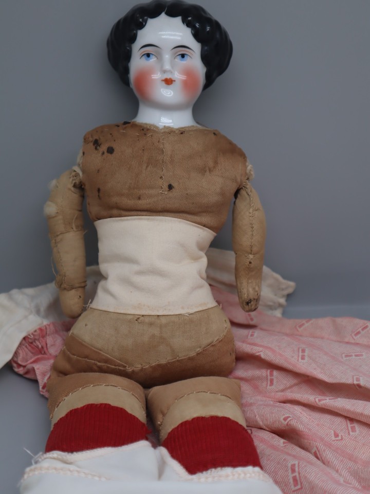 Antique German China Head Doll Black Flat Top Hair TLC 16" REPAIRS ON ...