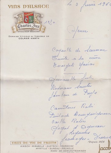 MENU GRAND FORMAT ANNEE 1964-VINS D'ALSACE CHARLES JUX/COLMAR-HARTH ...