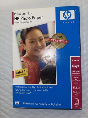 HP invent PREMIUM PLUS PHOTO PAPER 4x6 20 Sheet high gloss 11.5 mil NEW ...