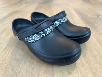 Crocs Mercy Slip Resistant Work Clogs Black Silver Floral 10876 Woman's ...