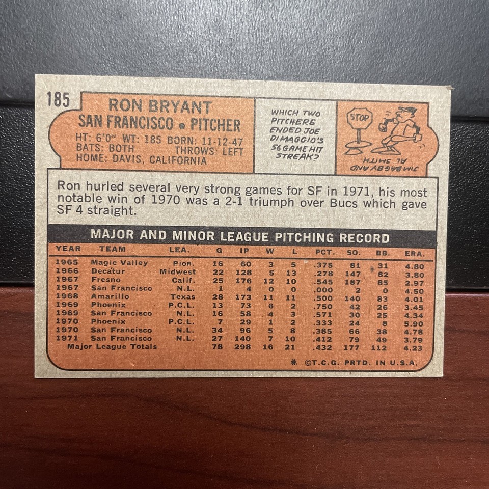 Ron Bryant 1972 Topps San Francisco Giants #185 Nice Card | eBay