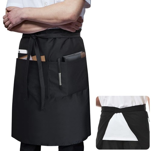 Long Server Apron Black with 3 Pockets Bistro Half Aprons for Men Women ...