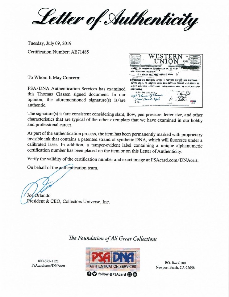THOMAS CLASSEN SIGNED WESTERN UNION DOCUMENT PSA DNA AE71485 (D) WWII ...