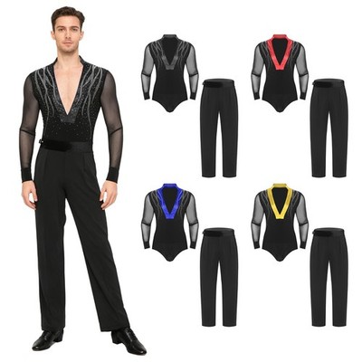 Mens Dancewear Jazz Set Ballroom Outfits Chacha Long Sleeve Rumba Sheer ...