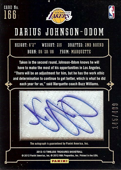 Darius Johnson-Odom 2012-13 Timeless Treasures RC Rookie Autograph #166 ...