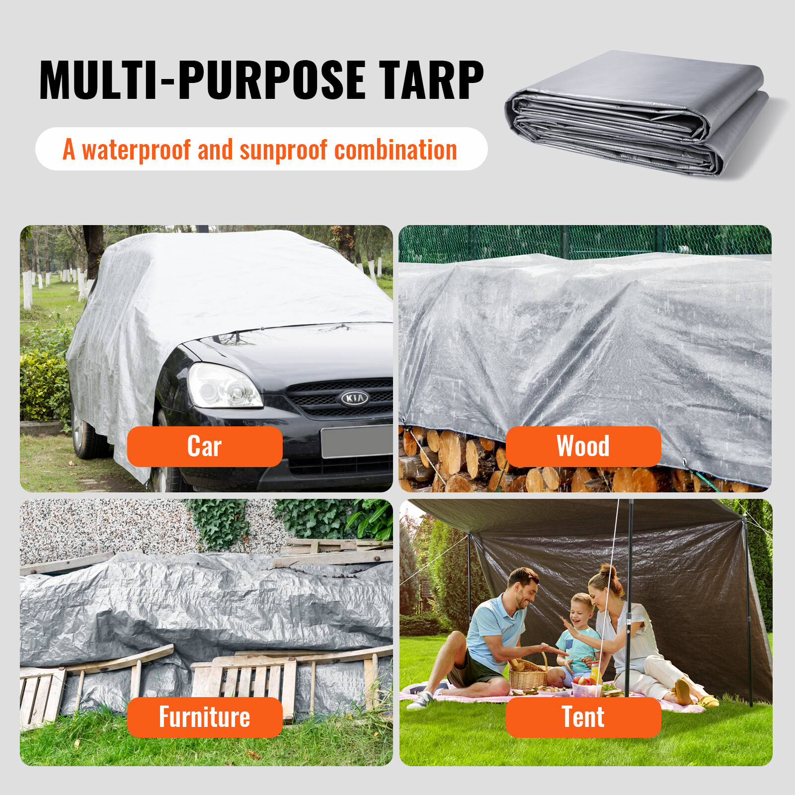 VEVOR Tarp Waterproof Tarpaulin 20 x 30 ft 10Mil Plastic Poly Tear UV ...
