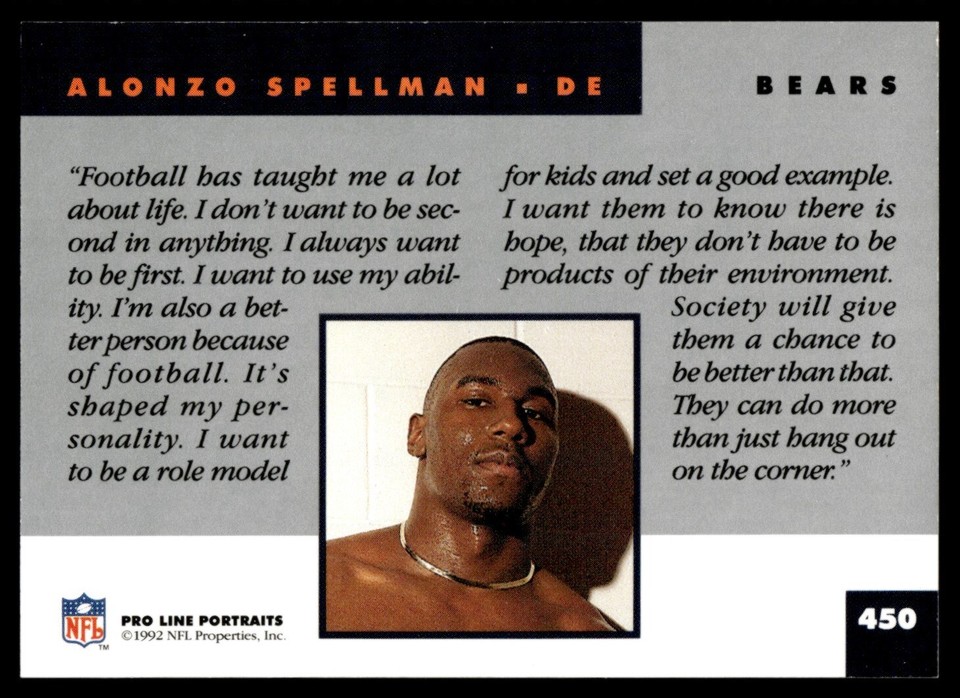 1992 Pro Line Portraits #450 Alonzo Spellman Rookie Chicago Bears | eBay