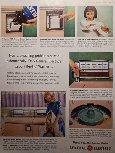 1959 G-E Flo-Master Washer Print Ad - Automatic Bleach Dispenser Pink ...