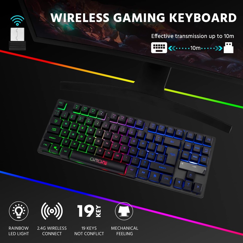 Wireless LED Keyboard, Rechargeable 87 Key RGB LED Backlit Wireless ...