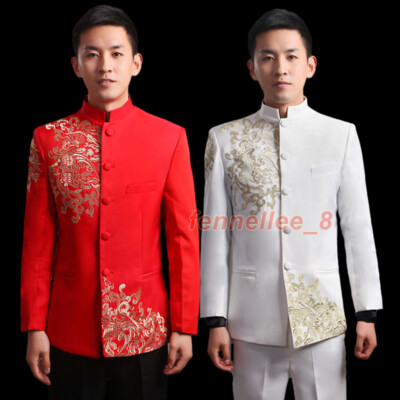 Men's Embroidery Red Tang Suit Chinese Wedding Suit Jacket Stand Collar ...