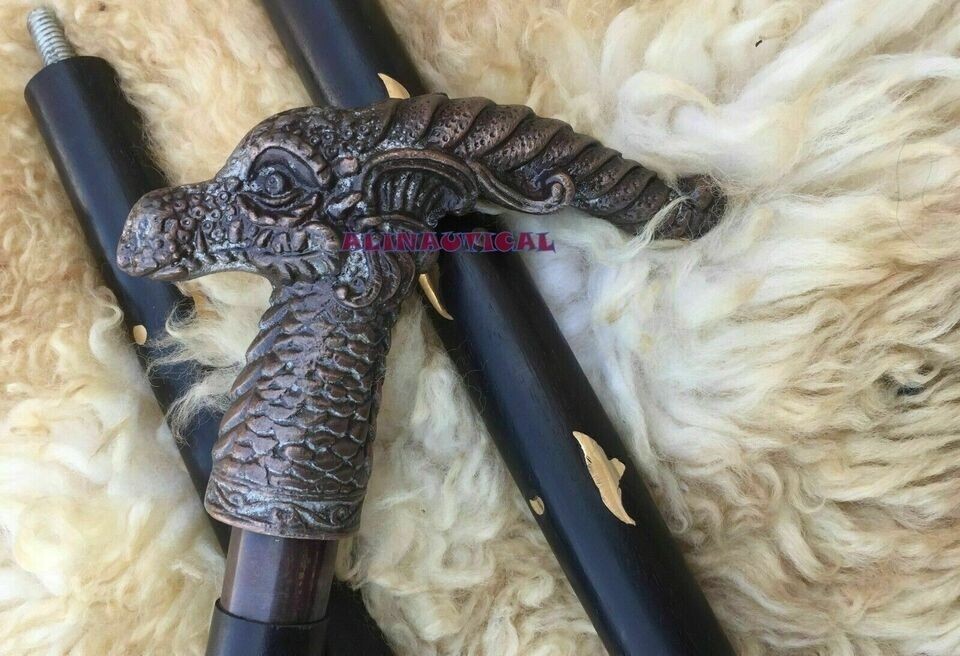 Vintage Walking Stick Dragon Head Cane Handle Black Wooden Cane Antique ...