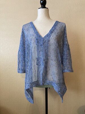 Lulu-B Blue Sheer Mesh Open Weave Cover Up Blouse Top Size XL EUC | eBay