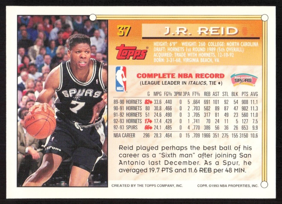 1993-94 Topps Gold J.R. Reid #37 San Antonio Spurs | eBay
