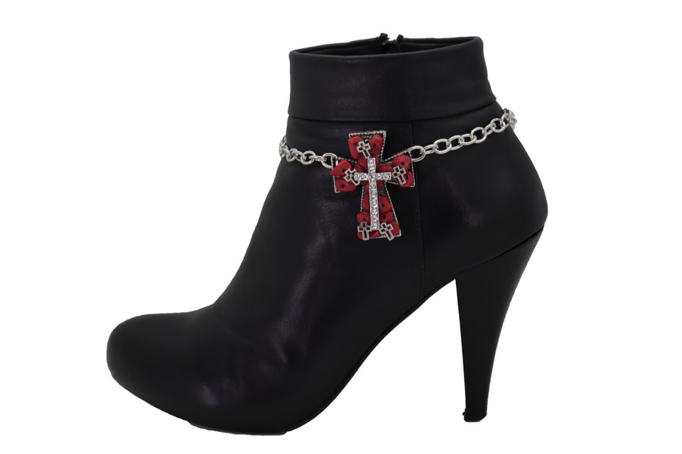 Women Silver Metal Chain Boot Bracelet Shoe Anklet Red Cross Charm ...
