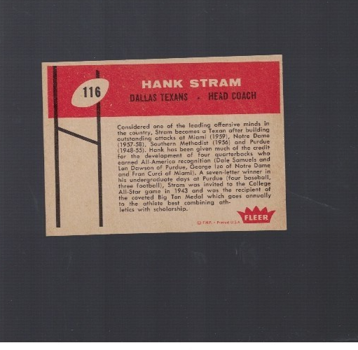 Hank Stram Dallas Texans 1960 Fleer Football Rookie Card #116 Vg/Ex LML ...