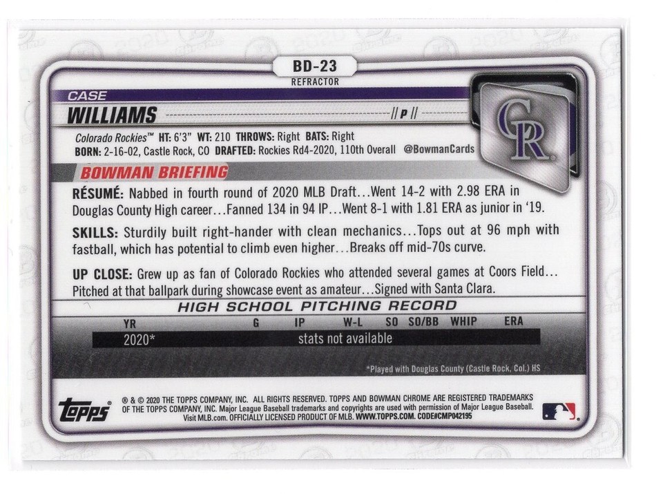 Baseball Card - 2020 Case Williams BD-23 Refractor - Colorado Rockies ...