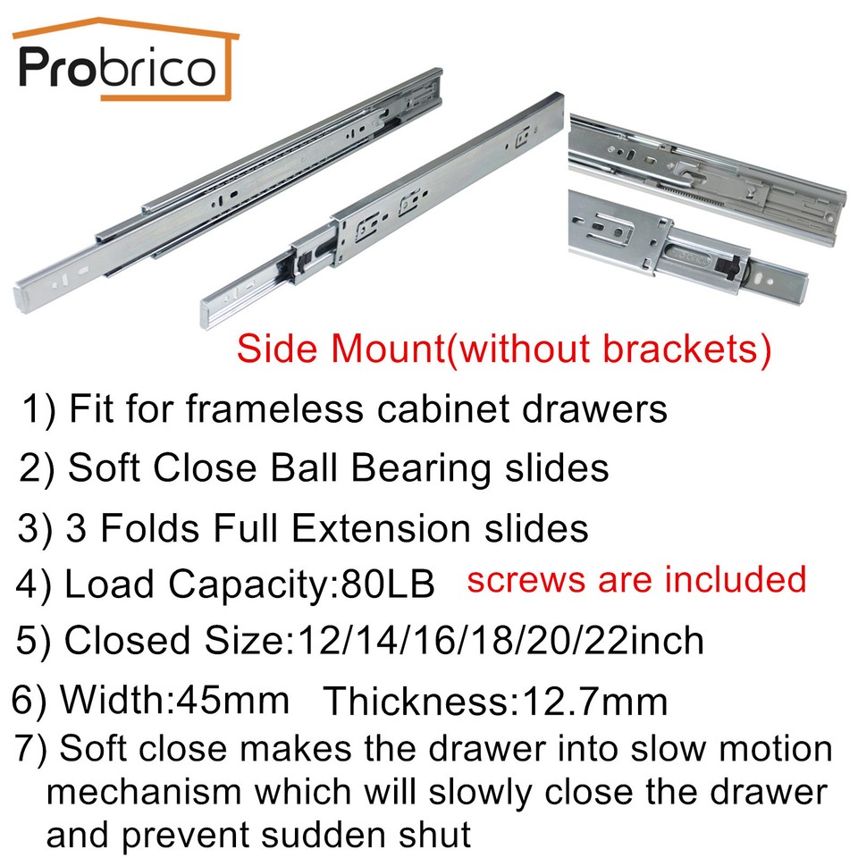 Probrico 12/14/16/18/20/22/24" Soft Close Full Extension Drawer Slides ...