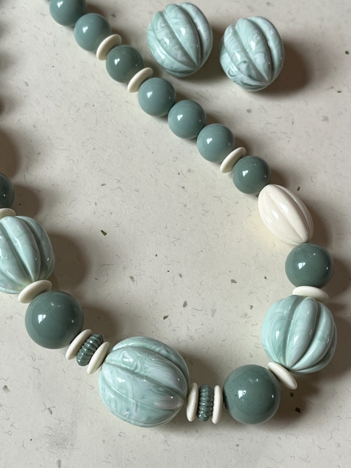 Vintage Demi Cream & Sage Green Round Disk & Ridged M… - Gem