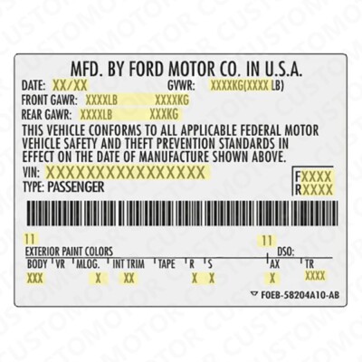 Ford Replica Duplicate Quality VIN Sticker F0EB-58204A10-AB | eBay