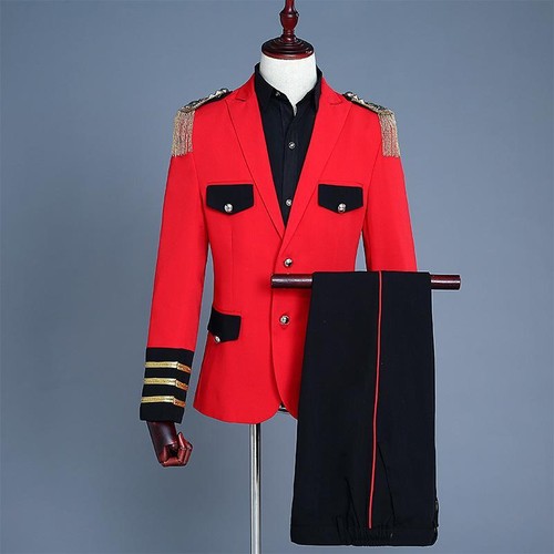 2PC Men's Epaulet Military Dress Suit Coat Tops Slim Fit Court Single ...