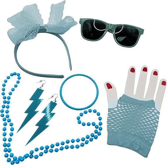 6 Piece 80s Accessories Kit Blue Retro Halloween Costume | eBay