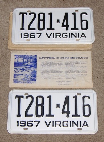VINTAGE MATCHED PAIR 1967 VIRGINIA LICENSE PLATES-T281416-NOS- MINT ...