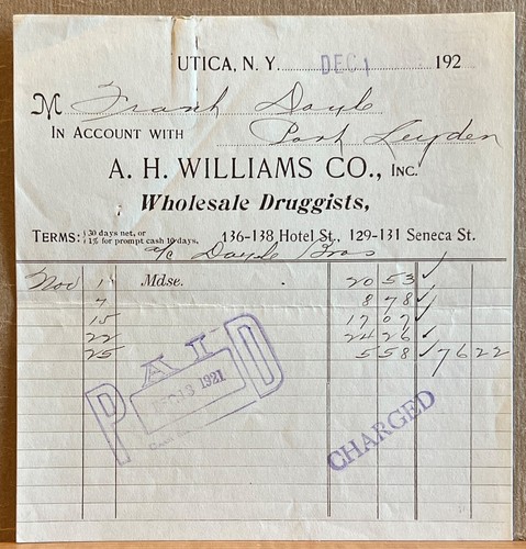 1920 Invoice A. H. Williams Co Utica NY New York Wholesale Druggists | eBay