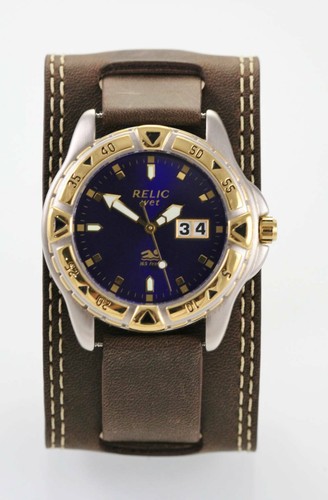 Relic Watch Mens Blue Brown Wide Leather Date 50m Stainless Silver Gold ...