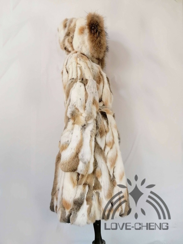 Genuine Natural Real Rabbit Fur Coat with Big Raccoon Fur Hood Women ...