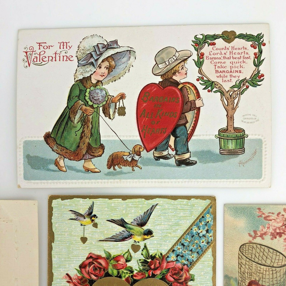 Lot 4 GERMAN VALENTINE DAY Postcards Germany Embossed Hearts Birds Love ...