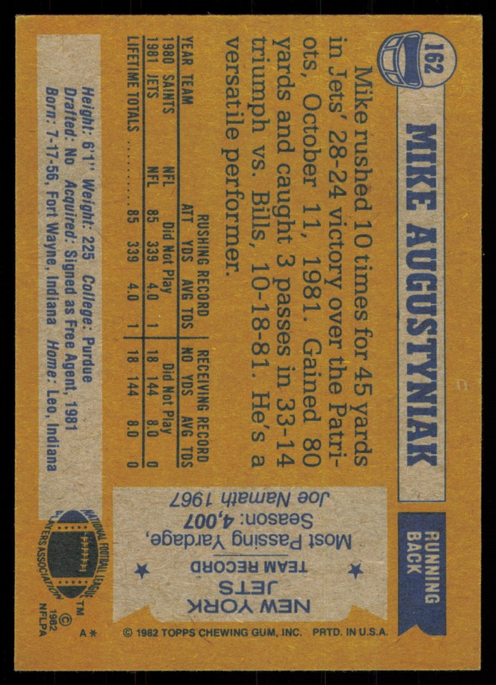 1982 Topps Football #162 Mike Augustyniak RC New York Jets | eBay