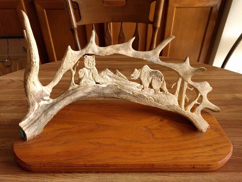 Vintage Hand Carved Moose Antler Carving Folk Art Bears | eBay